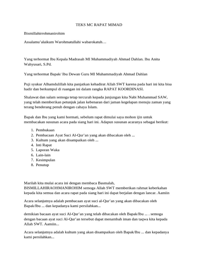 Teks MC Rapat Mimad | PDF | Kajian Bahasa Asing