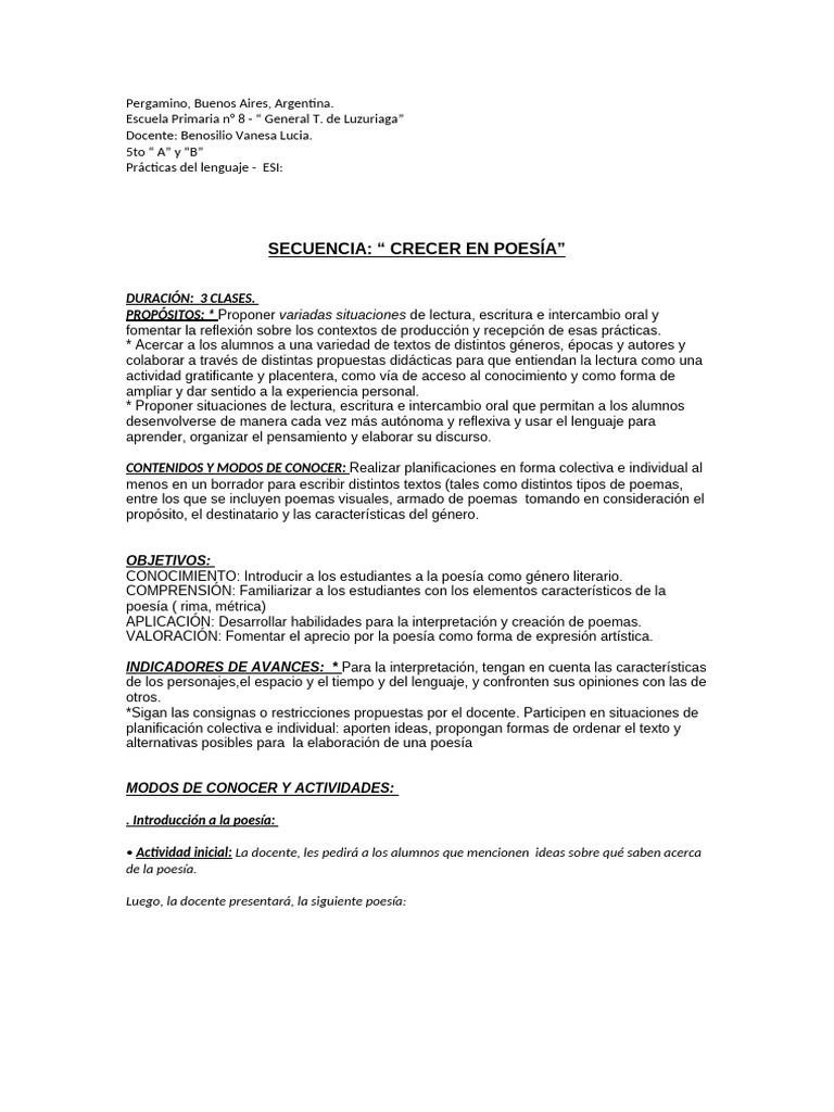 Secuencia Didáctica 5to POESÍA Prácticas Del Lenguaje | PDF | Poesía