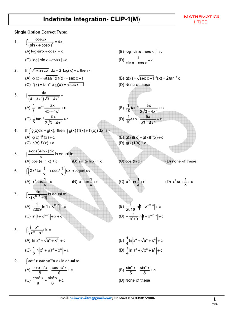 Indefinite Integration Clip - 1 (Mains) | PDF | Mathematical Objects | Mathematical Relations