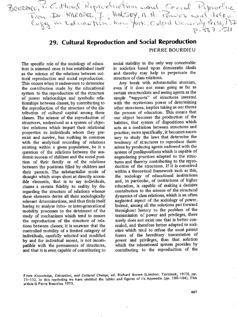 (1973-1977) BOURDIEU, P. Cultural Reproduction and Social Reprodution | PDF