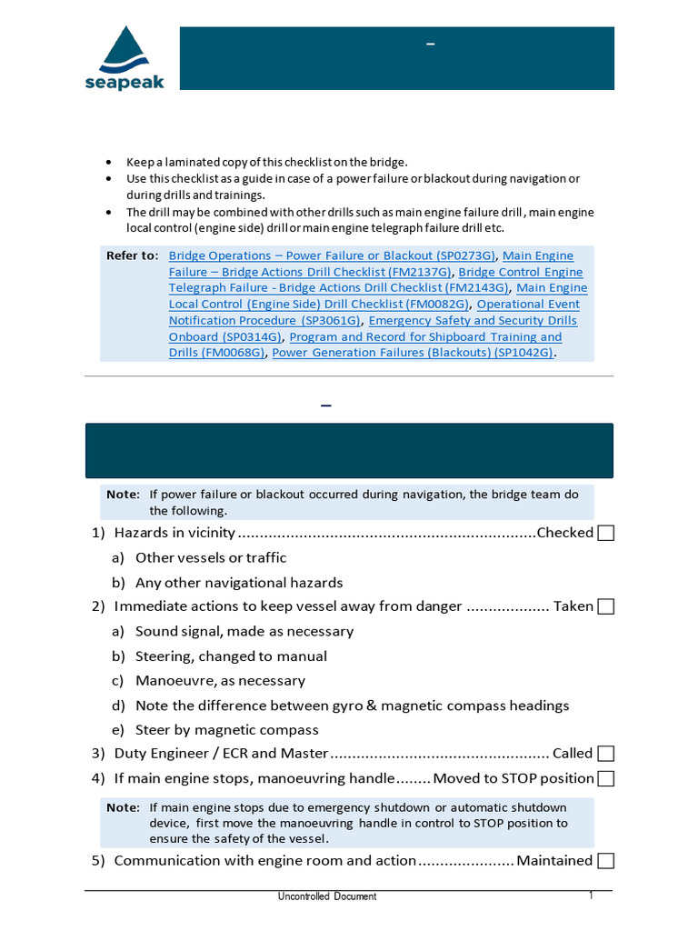 FM0081G v5 Power Failure or Blackout - Bridge Actions Drill Checklist | PDF