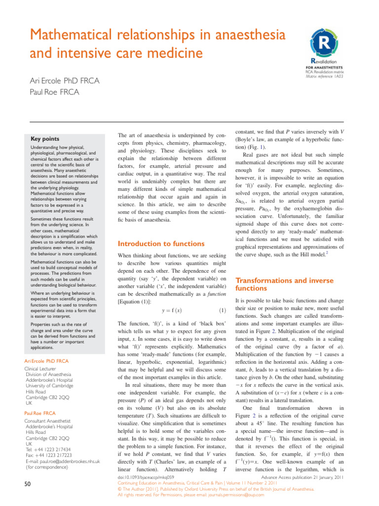 Mathematical Relationships in Anaesthesia and Inte | PDF | Function (Mathematics) | Exponential ...