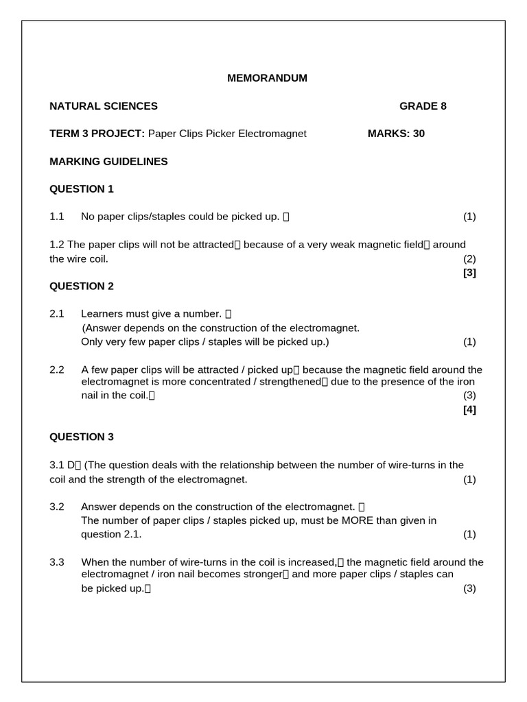 Paper Clips Picker Electromagnet Grade 8 Project Marking Guidelines ...