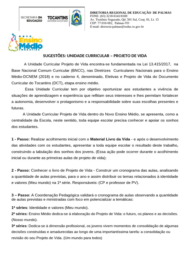SUGESTÕES - PROJETO DE VIDA PALMAS - Validado GEM | PDF | Pedagogia | Vida