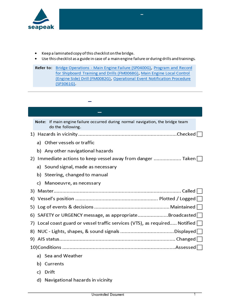 Main Engine Failure - Bridge Actions Drill Checklist | PDF | Anchor | Ships