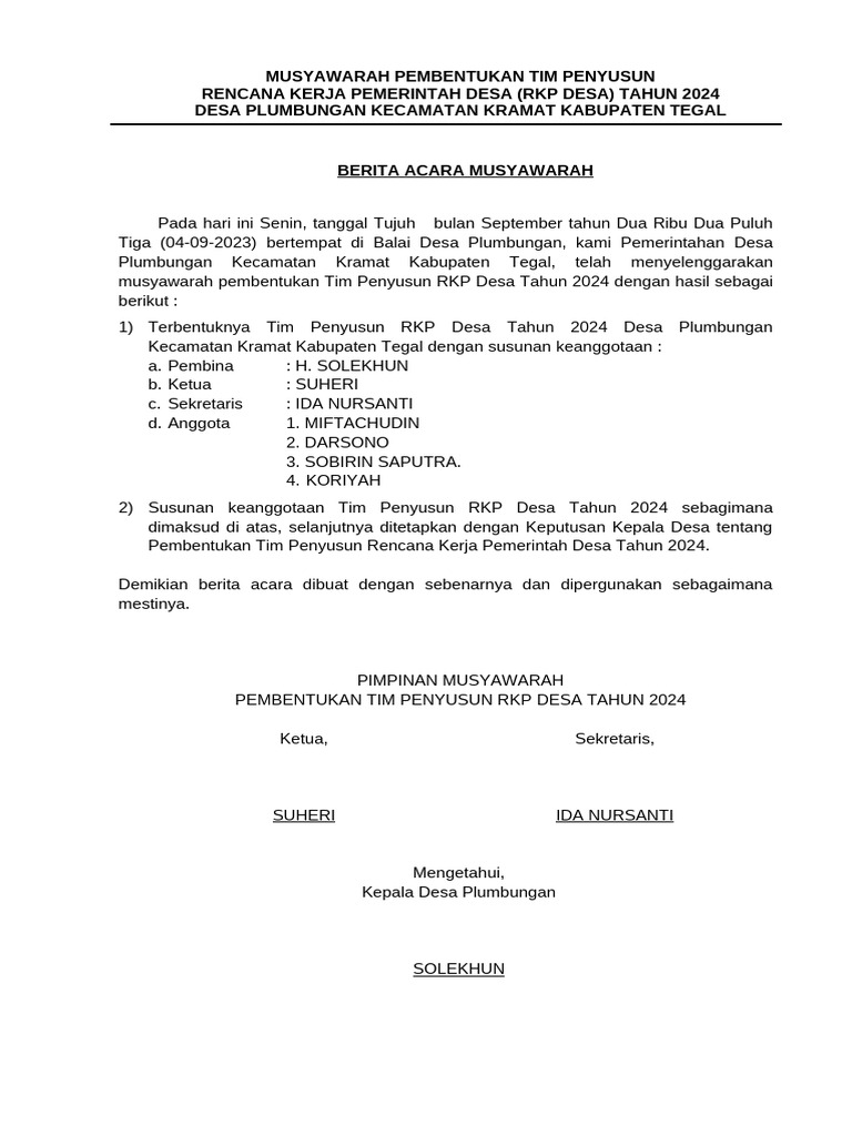 BA Pembentukan Tim Penyusun RKP Desa | PDF