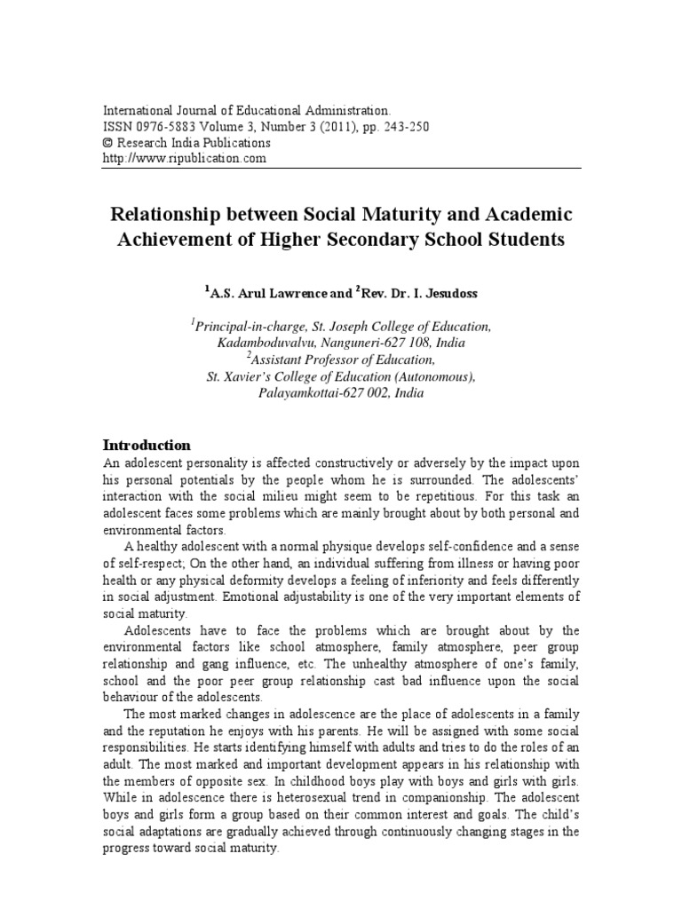 Relationship Between Social Maturity and Academic Achievement of Higher ...