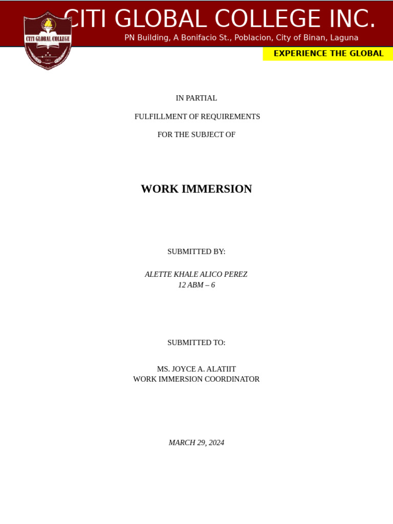 Work Immersion Experience Report | PDF | Cognition