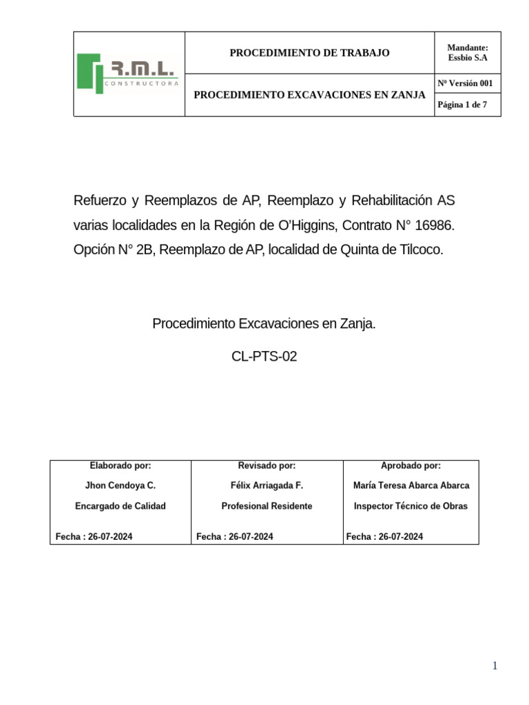 Procedimiento Excavacion en Zanja 16986 Cl-pts-02 | PDF