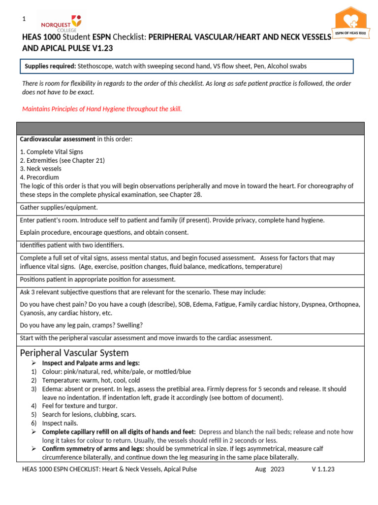 Student HEAS 1000 ESPN Peripheral Vascular-Heart and Neck Vessels ...