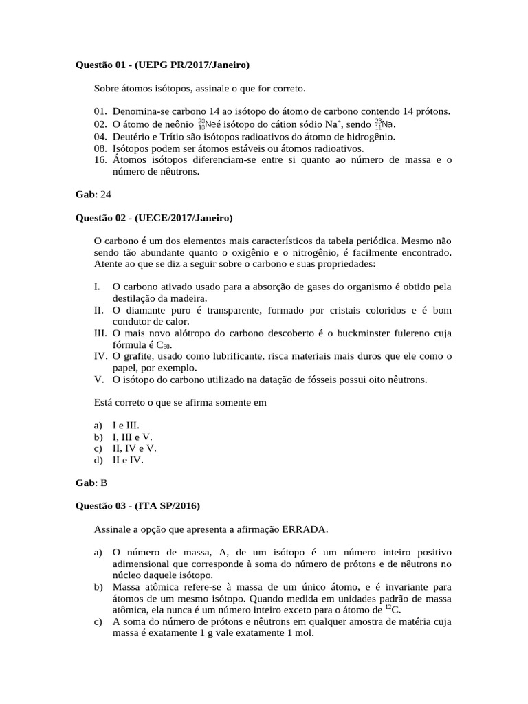 Exercícios Isóbaros Isótopos E Isótonos Pdf Isótopo Carbono