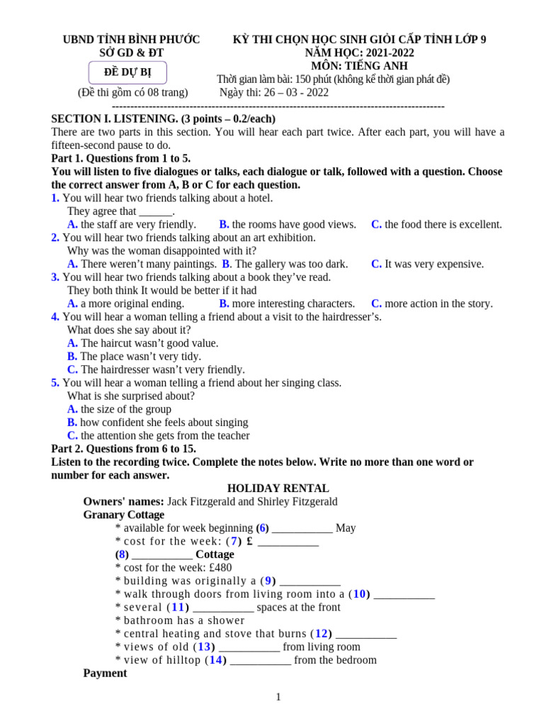 01.ĐỀ THI DU BI HSG ANH 9 2022 | PDF | Vitamin | Dietary Supplements