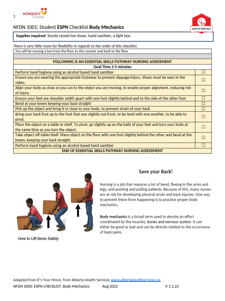 NFDN 1001 Body Mechanics ESPN Checklist | PDF | Foot | Hand