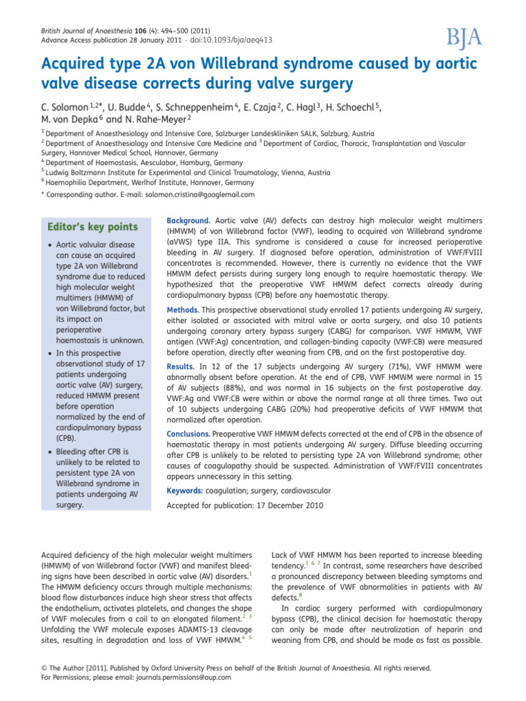 Acquired Type 2A Von Willebrand Syndrome Caused by | PDF | Coronary ...