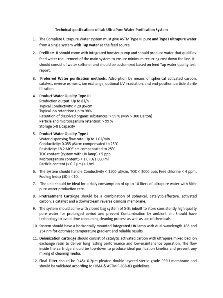 Lab Ultra Pure Water Purification Specs | PDF | Water Management ...