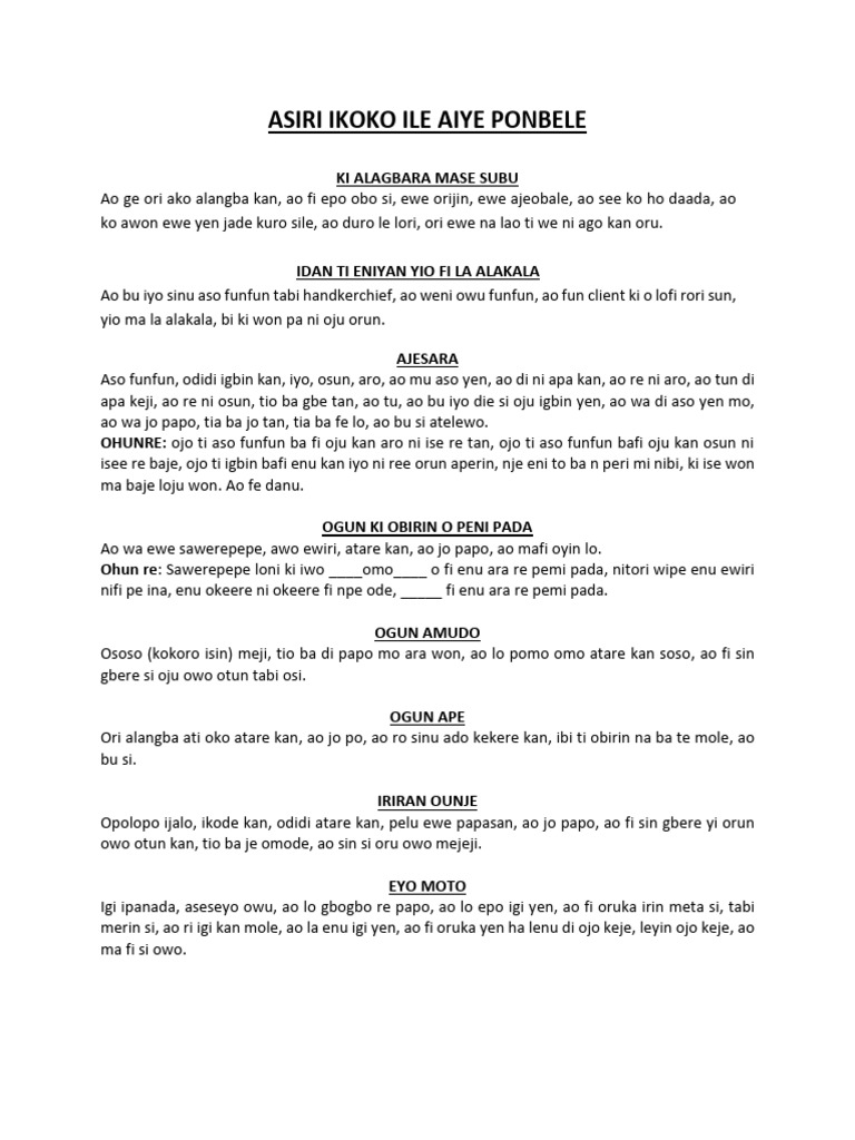 Asiri Ikoko Ile Aiye Ponbele | PDF