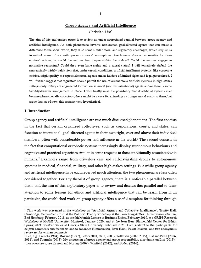 Christian List Group Agency and Artificial Intelligence | PDF ...