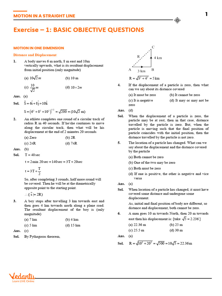 1-JEE-Motion in A Straight Line-Exercise-1-Qus With Sol | PDF ...