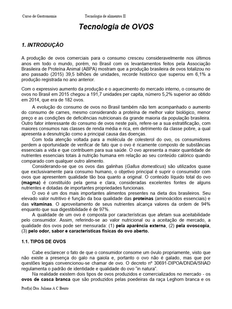 Aula Tecnologia de Ovos - Resumo Conteúdo | PDF | Ovo | Cálcio