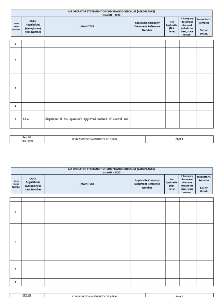 Air Operator Statement of Compliance Checklist Aeroplanes 2020amdt 01 ...