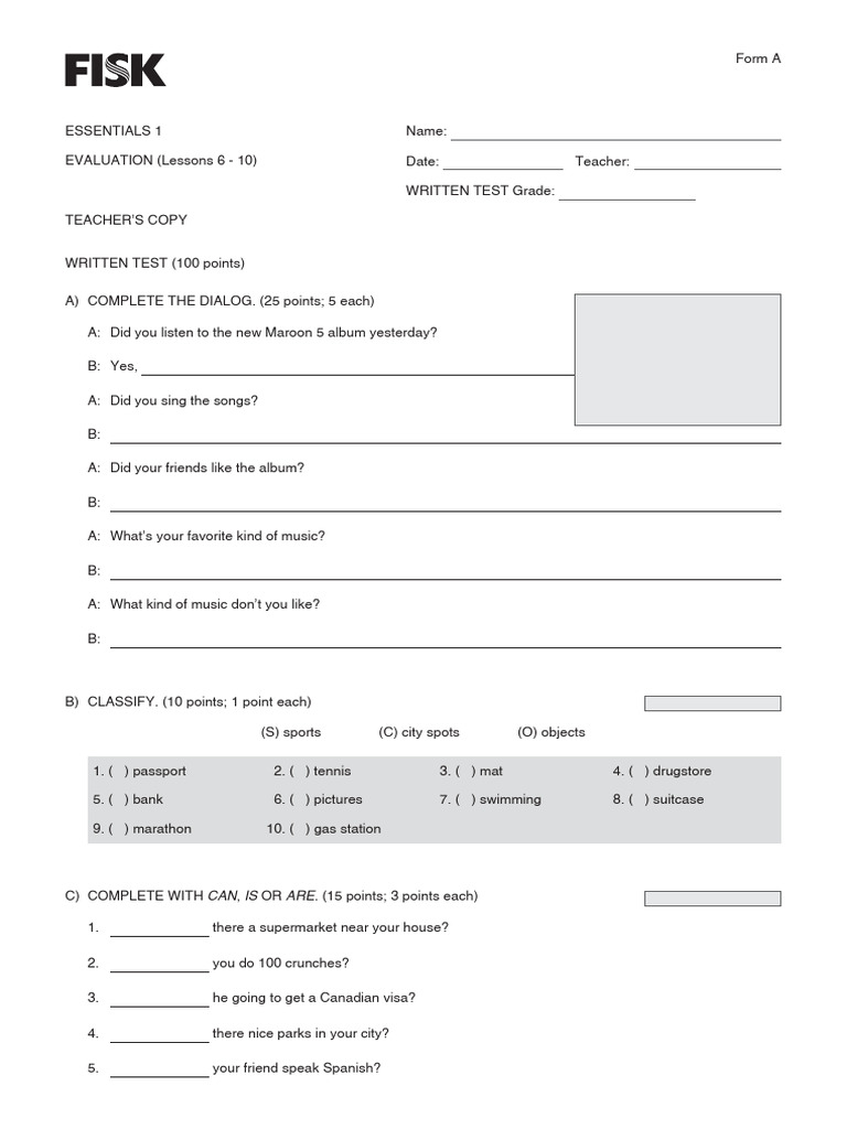 Essentials 1 Written Tests L 610 Form A | PDF