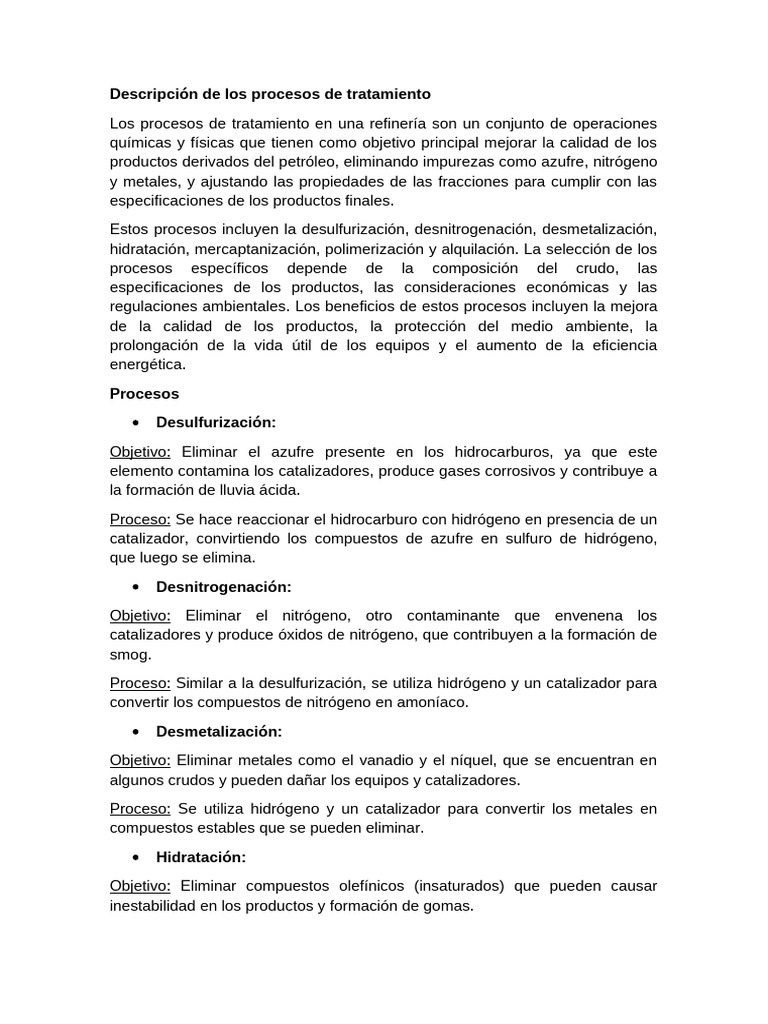 Descripción de los procesos de tratamiento | PDF | Refinería de petróleo | Catálisis