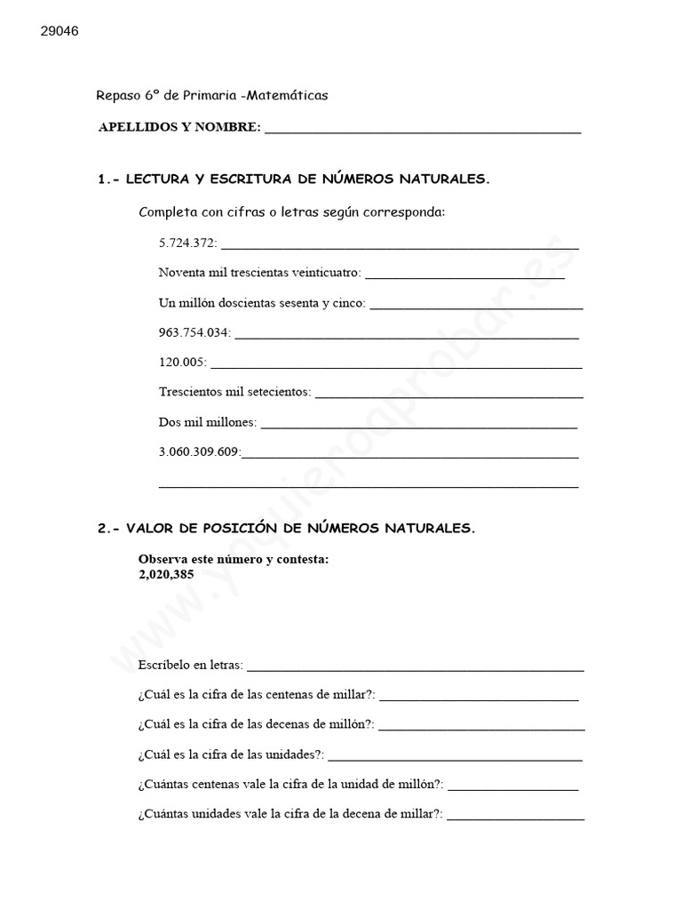Ejercicios de Valor Posicional 6º Grado | PDF | Números | Geometría ...