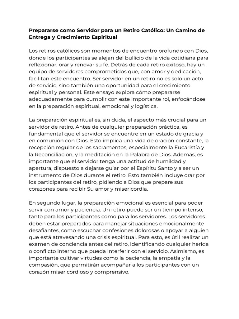 Prepararse Como Servidor para Un Retiro Católico - Un Camino de Entrega ...