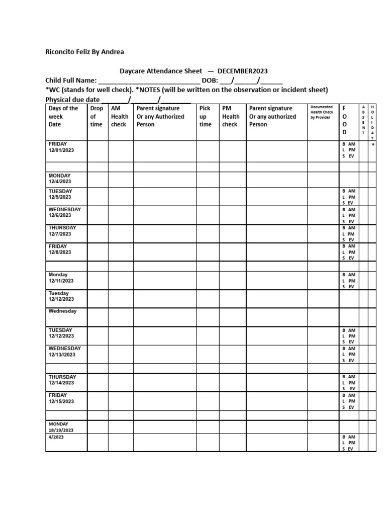 December 2023 Daycare Attendance Sheet | PDF