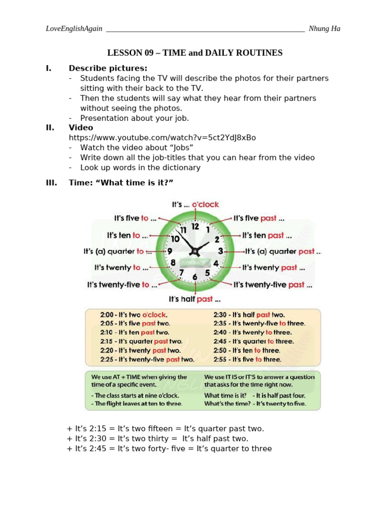 Daily Routines and Time Lesson | PDF | Language Arts & Discipline ...