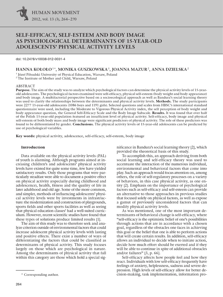 Self-Efficacy, Self-Esteem and Body Image As Psychological Determinants ...