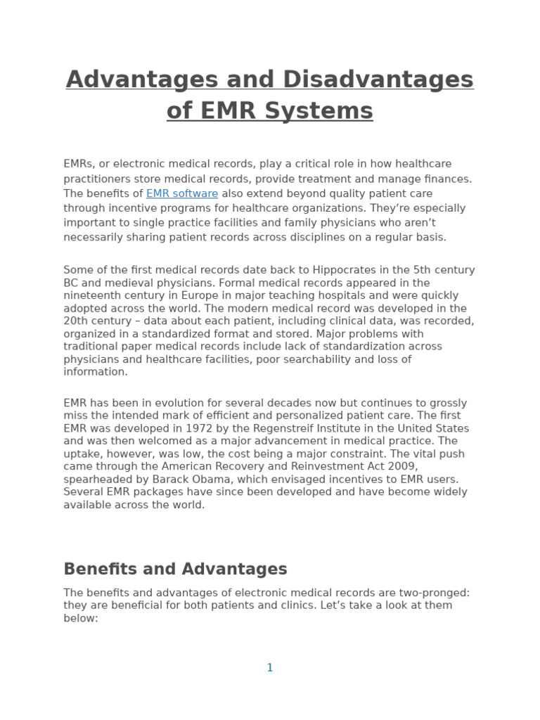 Advantages and Disadvantages of EMR Systems | PDF | Electronic Health ...