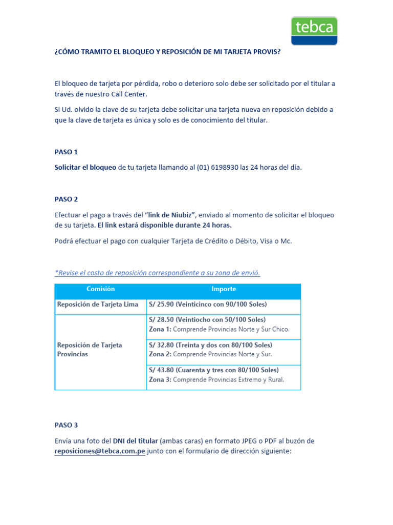 Bloqueo y Reposición de Tarjeta Provis | PDF | Industrias de servicio
