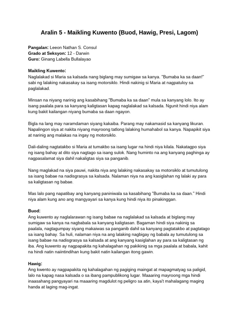 Aralin-5-Maikling-Kuwento-Buod-Hawig-Presi-Lagom-2 | PDF