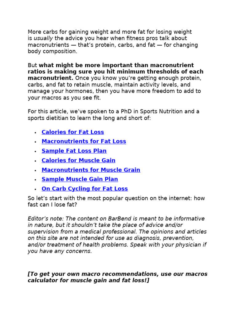 Macros and Caloric Chart Description | PDF | Weight Loss | Fat
