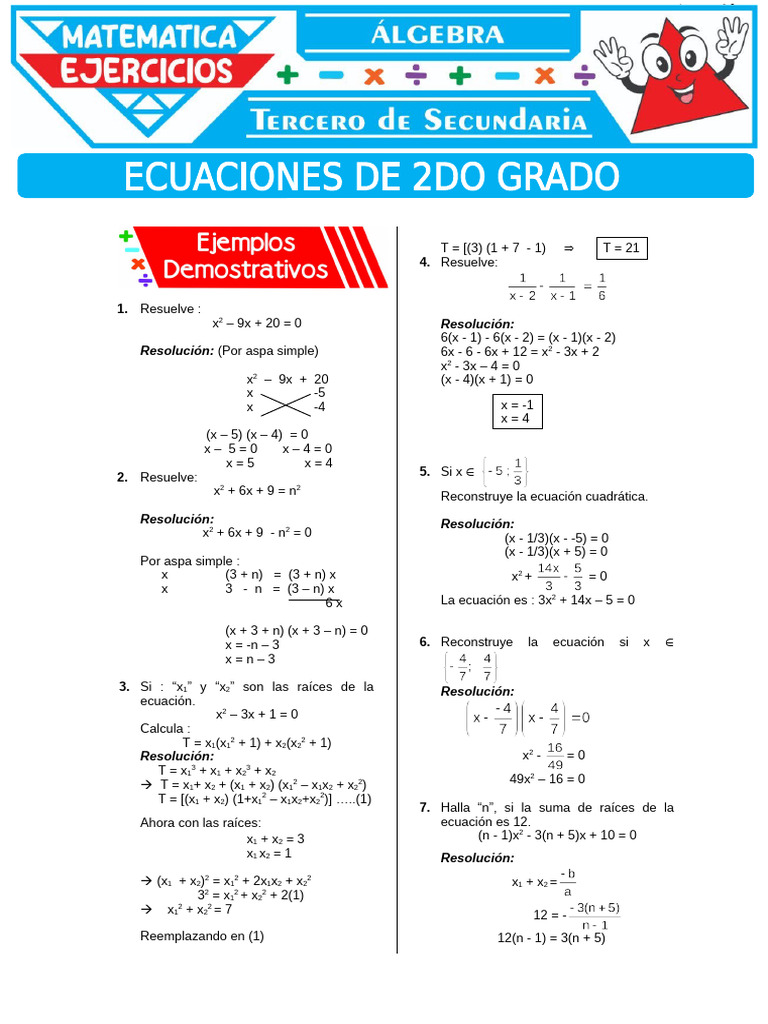 Ecuaciones de 2do Grado para Tercer Grado de Secundaria | PDF | Matemáticas | Álgebra