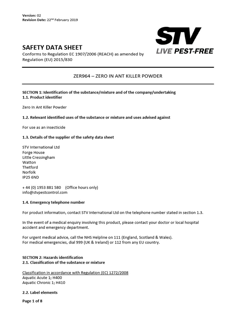 Safety Data Sheet Zero in Ant Killer Powder 49508 | PDF | Dangerous ...