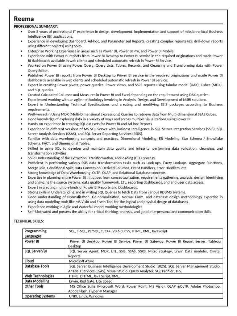 Sample BI DEVELOPER resume | PDF | Microsoft Sql Server | Databases