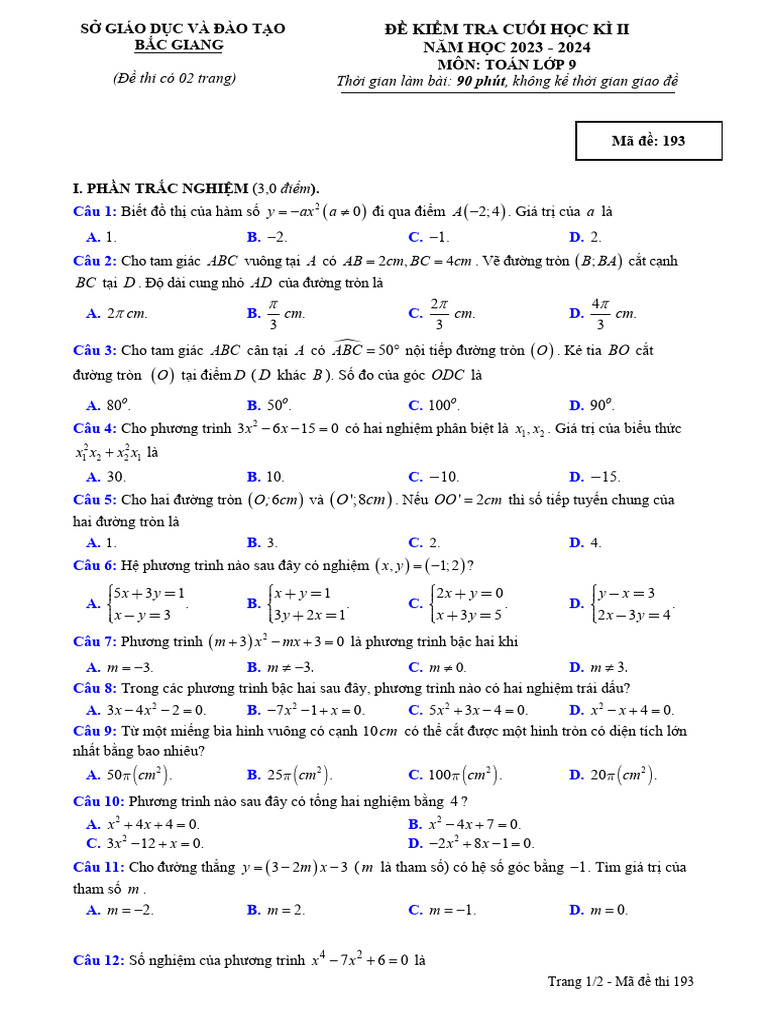 De Kiem Tra Cuoi Hoc Ki 2 Toan 9 Nam 2023 2024 So GDDT Bac Giang 1 2 | PDF
