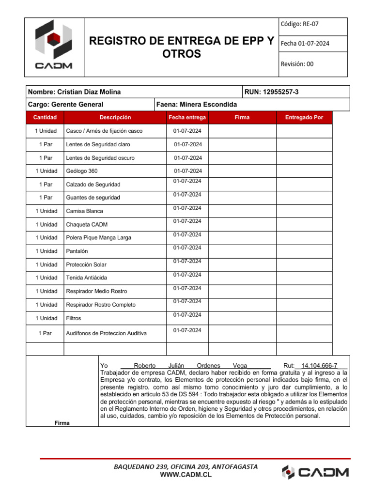 Registro Entrega EPP Roberto | PDF