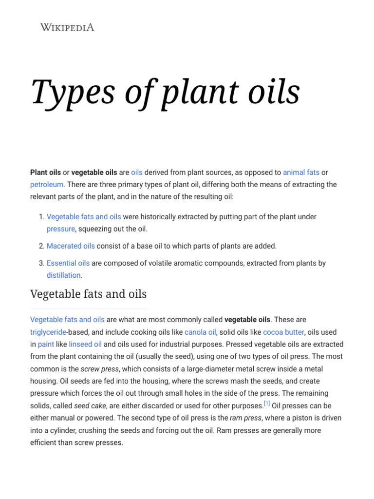 Types Of Plant Oils Wikipedia PDF Vegetable Oil Liquids