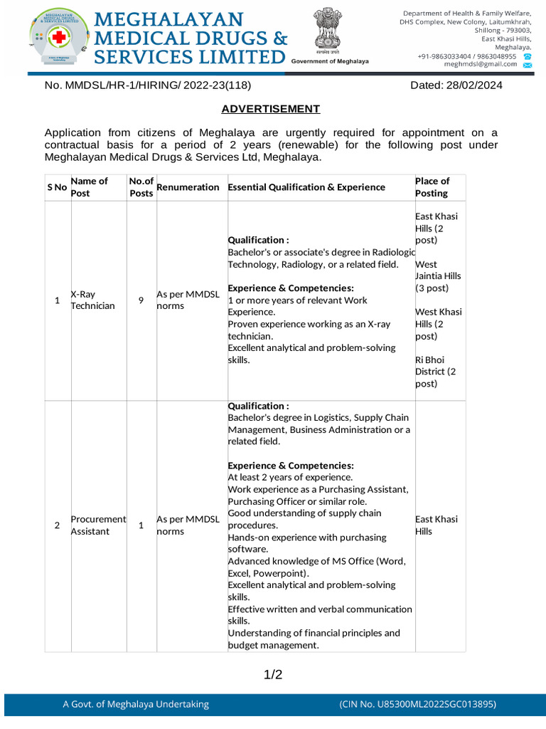 Advertisement: Sno Name of Post No - of Posts Renumeration Essential ...