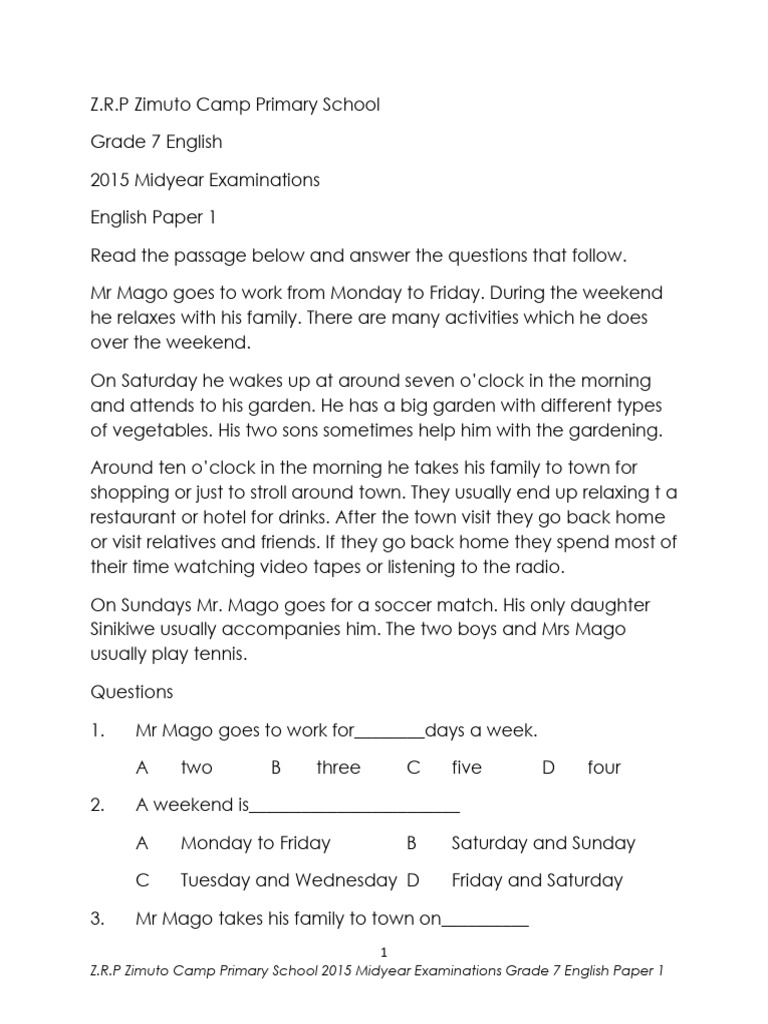 2015 Grade 7 English Paper 1 1 Pdf Money