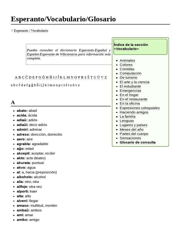 Esperanto Vocabulario Glosario | PDF