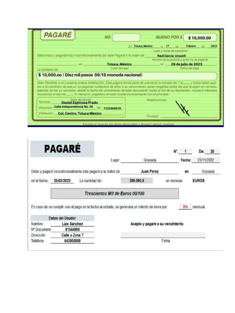 Ejemplos de Pagaré | PDF