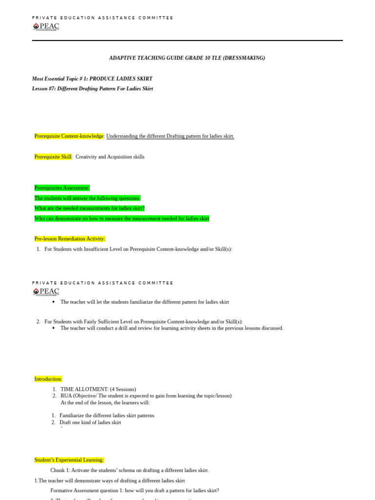 Adaptive Teaching Guide TLE 10 PATTERN | PDF | Learning | Skirt