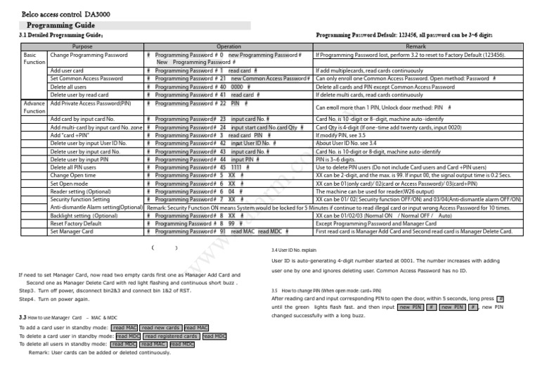 Belco Door Access Control Manual Da3000 | PDF | Personal Identification ...