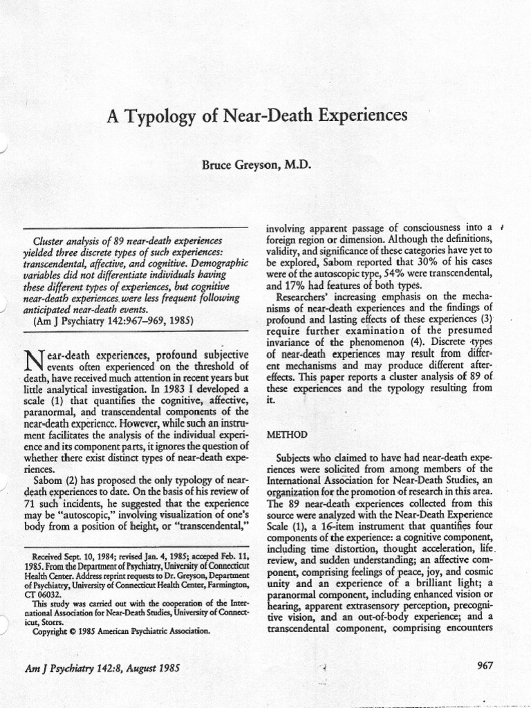 Bruce Greyson - A Typology of Near-Death Experiences | PDF
