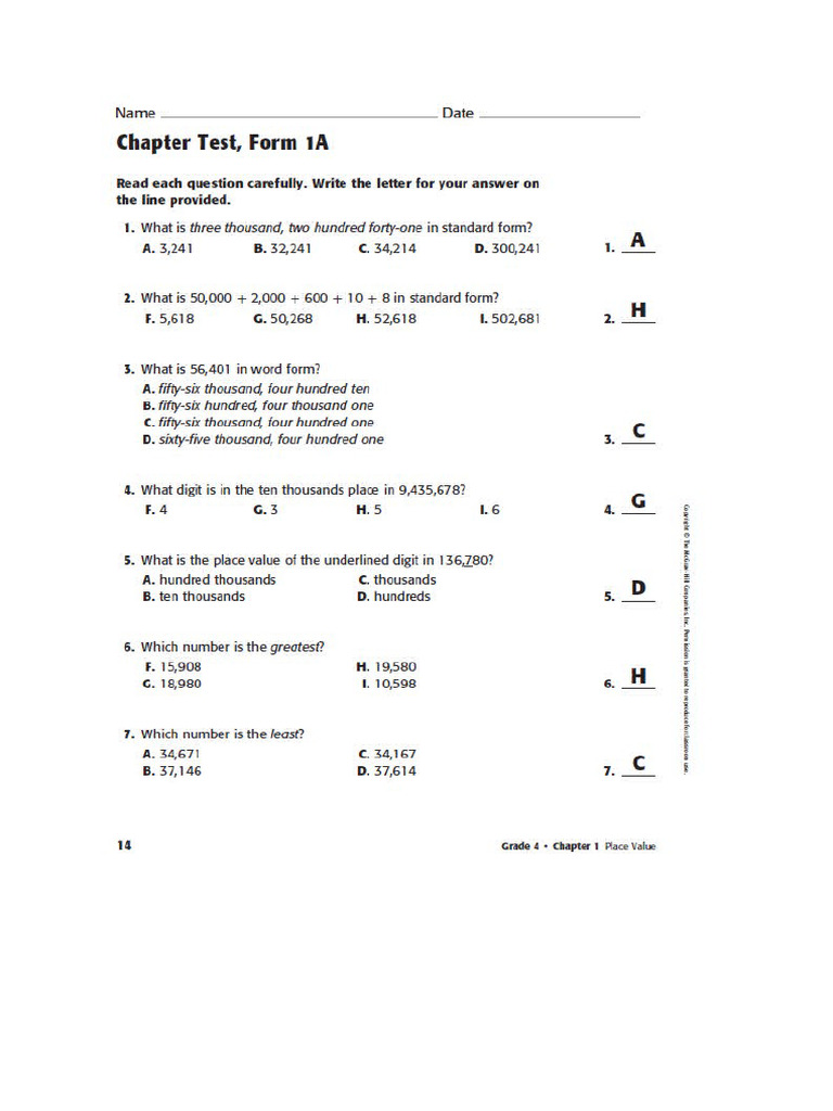 Grade 4 Quiz 1 Answers | PDF