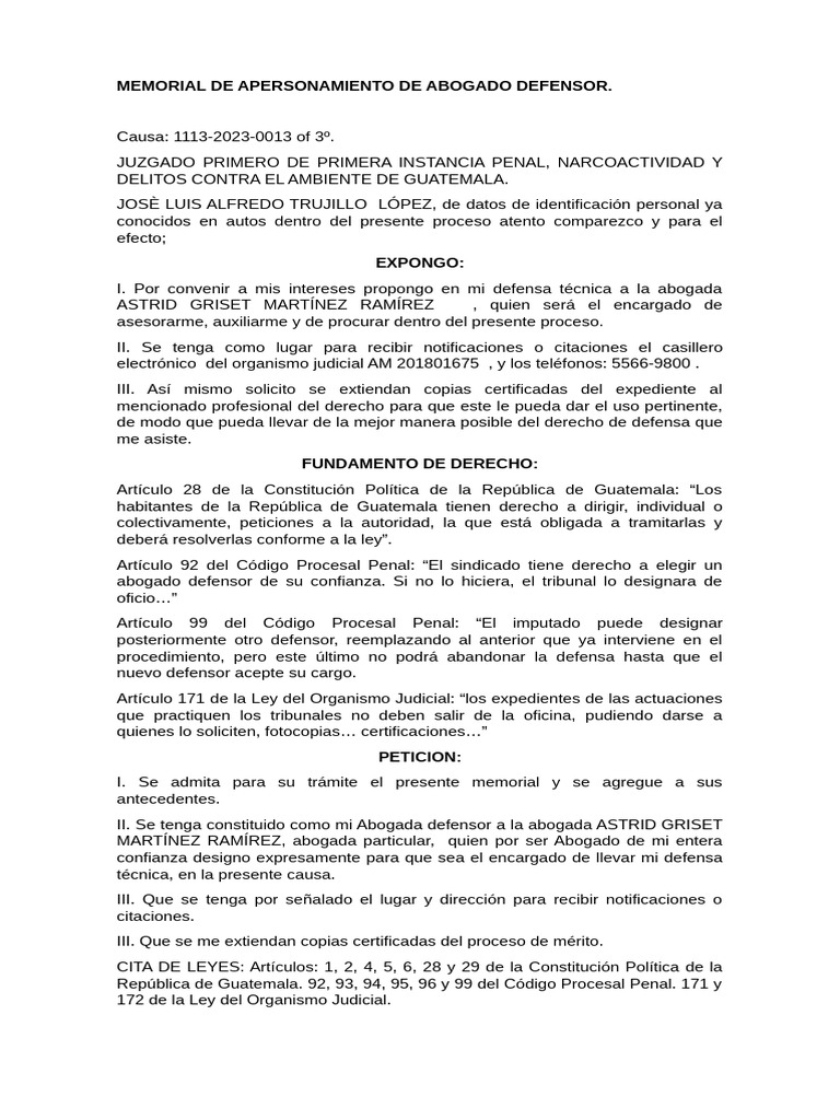 MEMORIAL DE APERSONAMIENTO | PDF | Abogado | Ley procesal